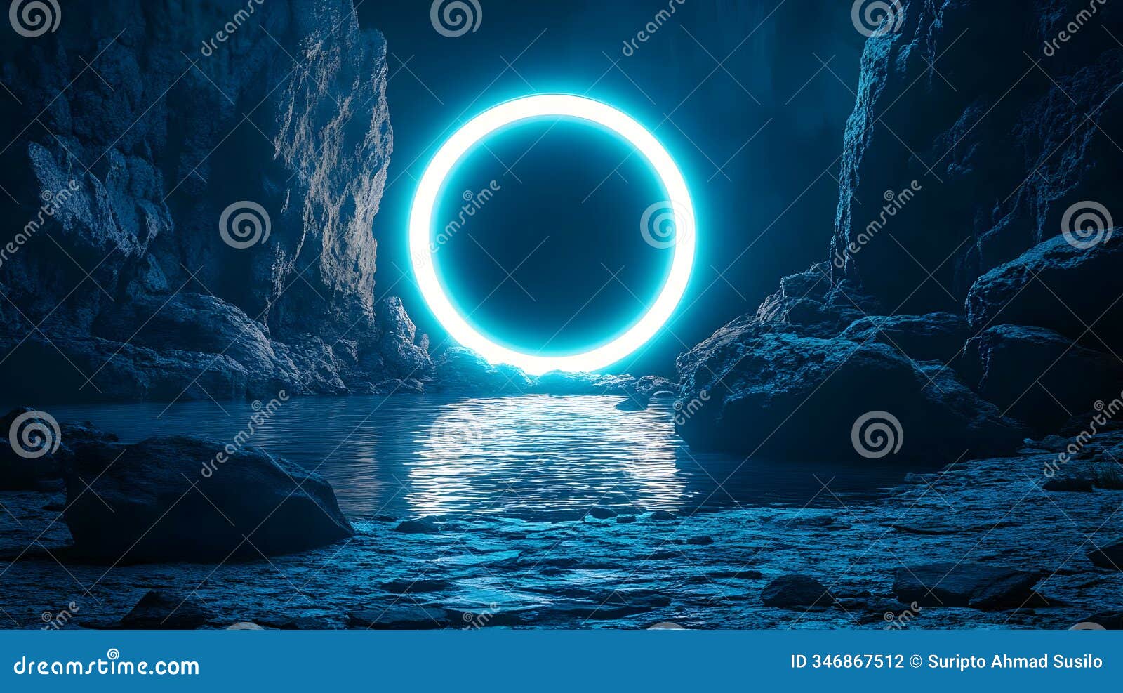 3D Render Neon Circle in Dark Cave Stock Illustration - Illustration of ...