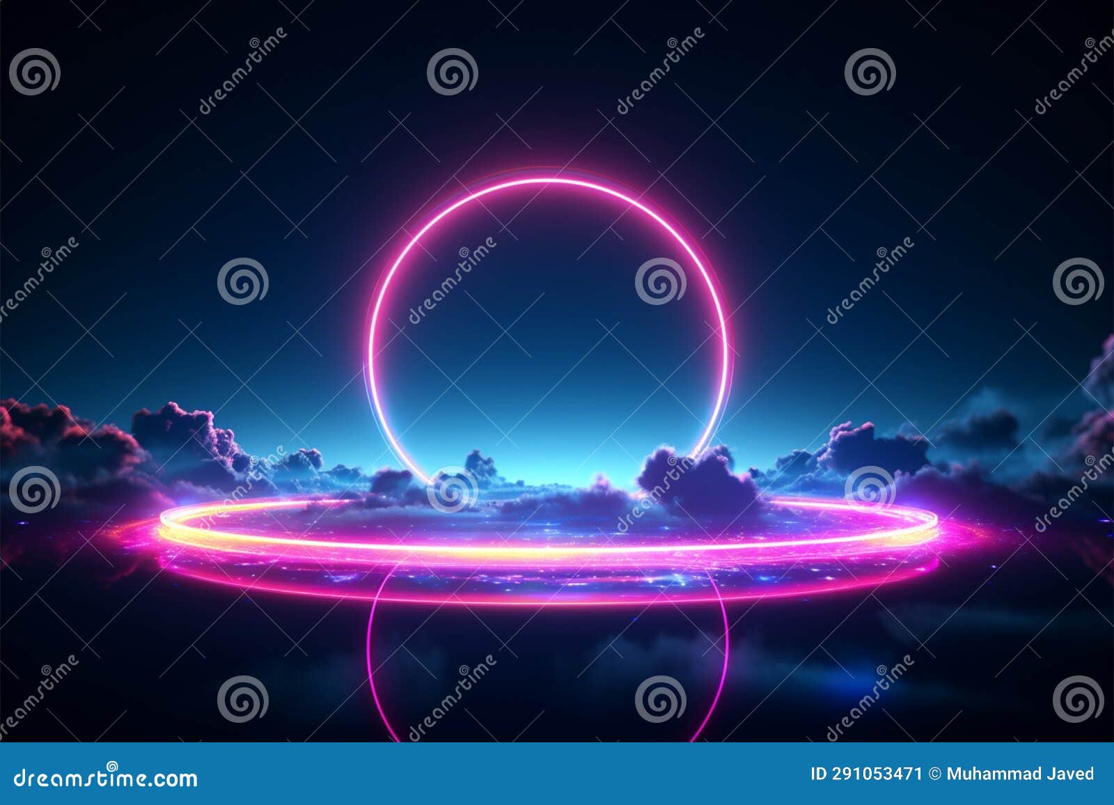 3D Render Neon Circles Against A Night Sky, Brilliantly Illuminating ...