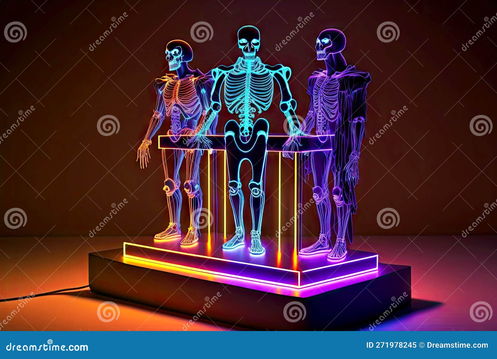 3d Render Neon Illumination of Figures Standing on Platform on Table ...
