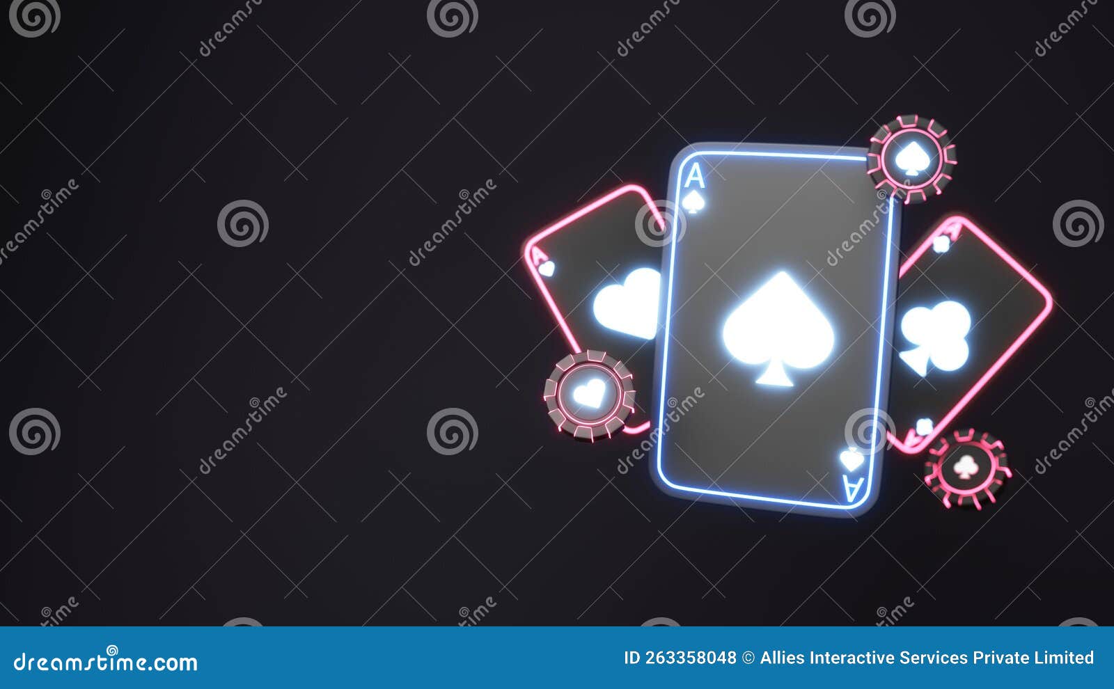 3D Render of Neon Light Ace Cards with Poker Chips and Copy Space on ...