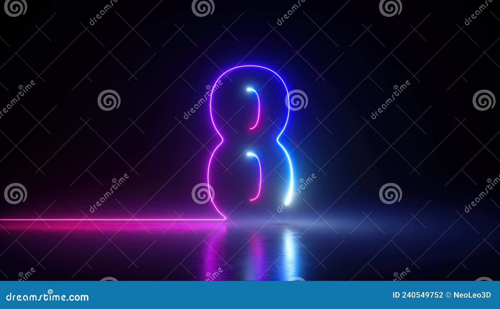 3d Render, Neon Number Eight Glowing in the Dark with Ultraviolet Light ...