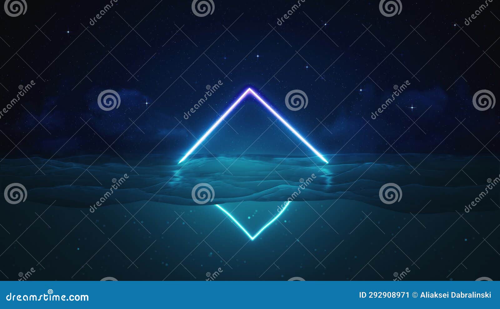 3d Render Neon Rhombus Floating in the Water Against the Starry Sky ...
