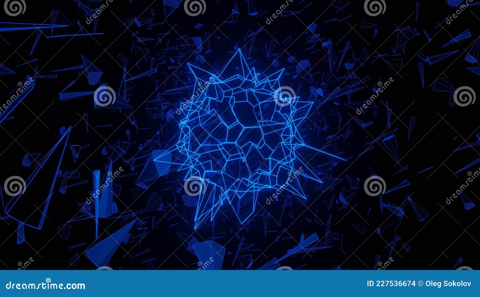 3D Render Neon Sphere of Blue Light Flies through Abstract Spikes ...
