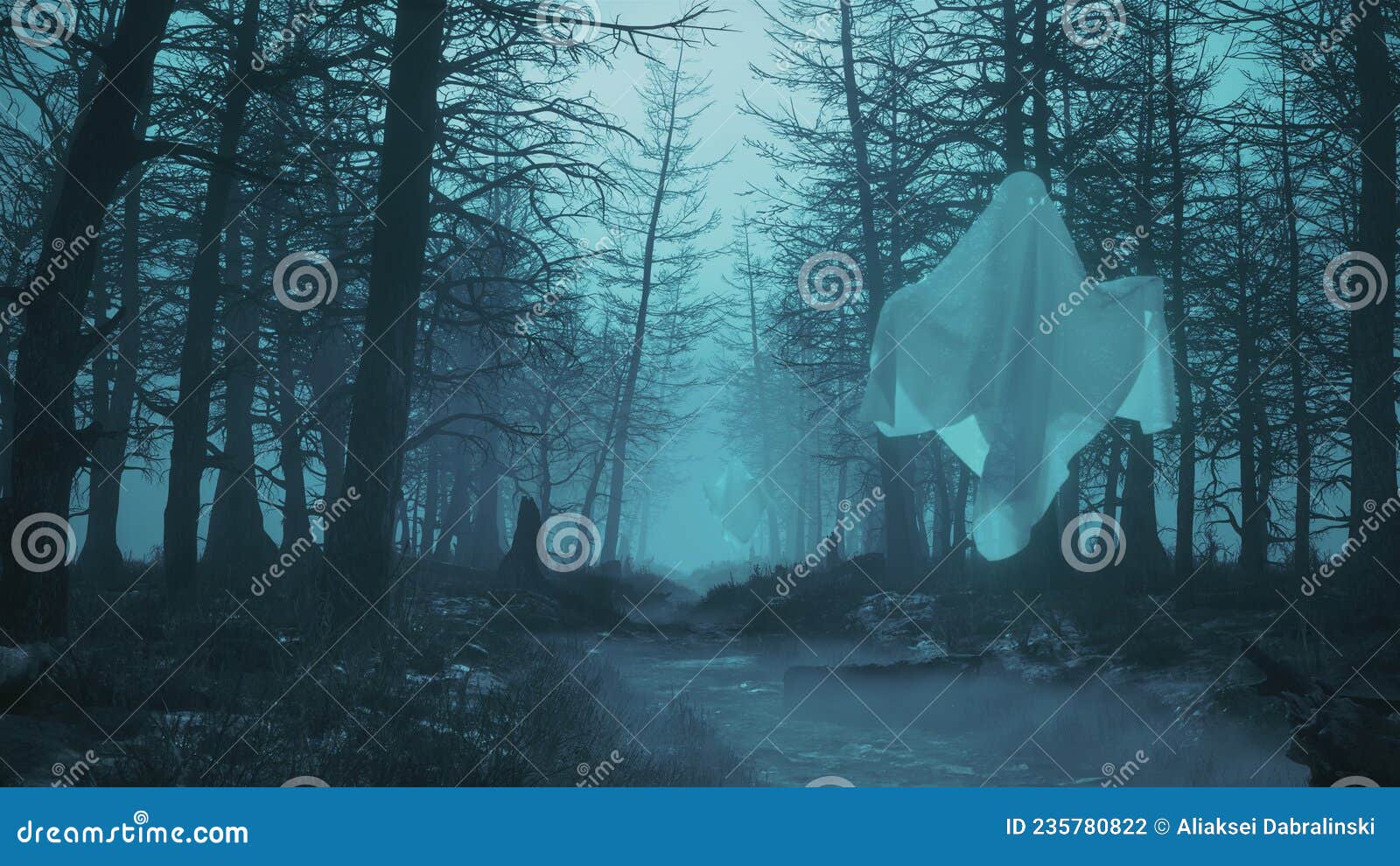 3d Render Night Scary Forest with Flying Ghosts Stock Illustration ...