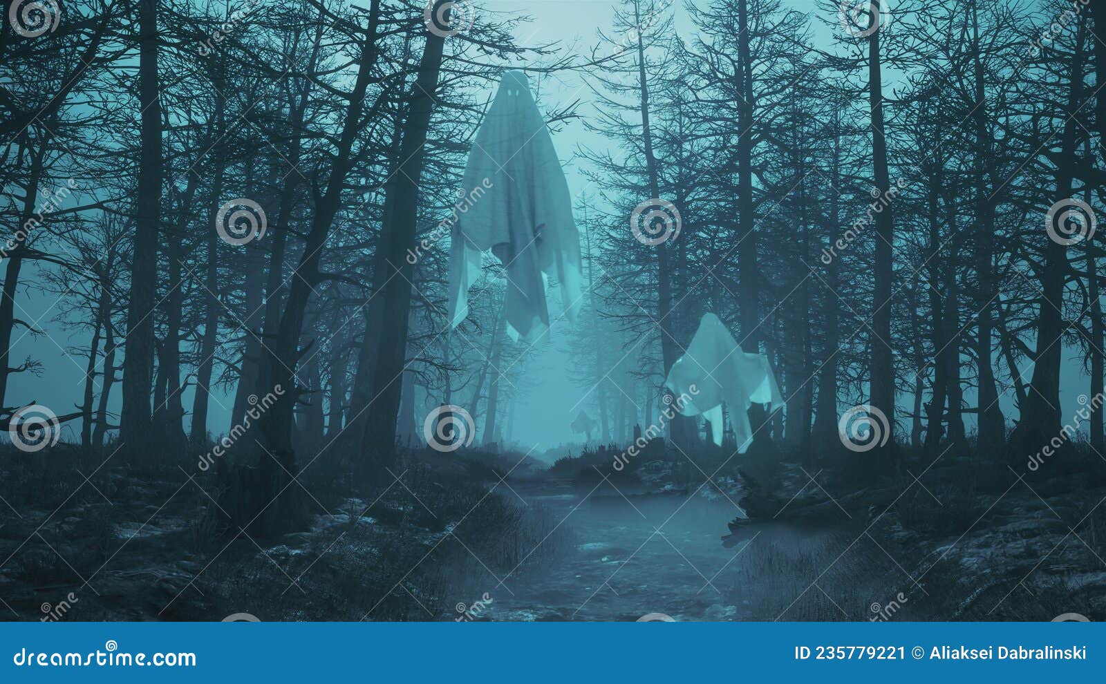 3d Render Night Scary Forest with Flying Ghosts Stock Illustration ...