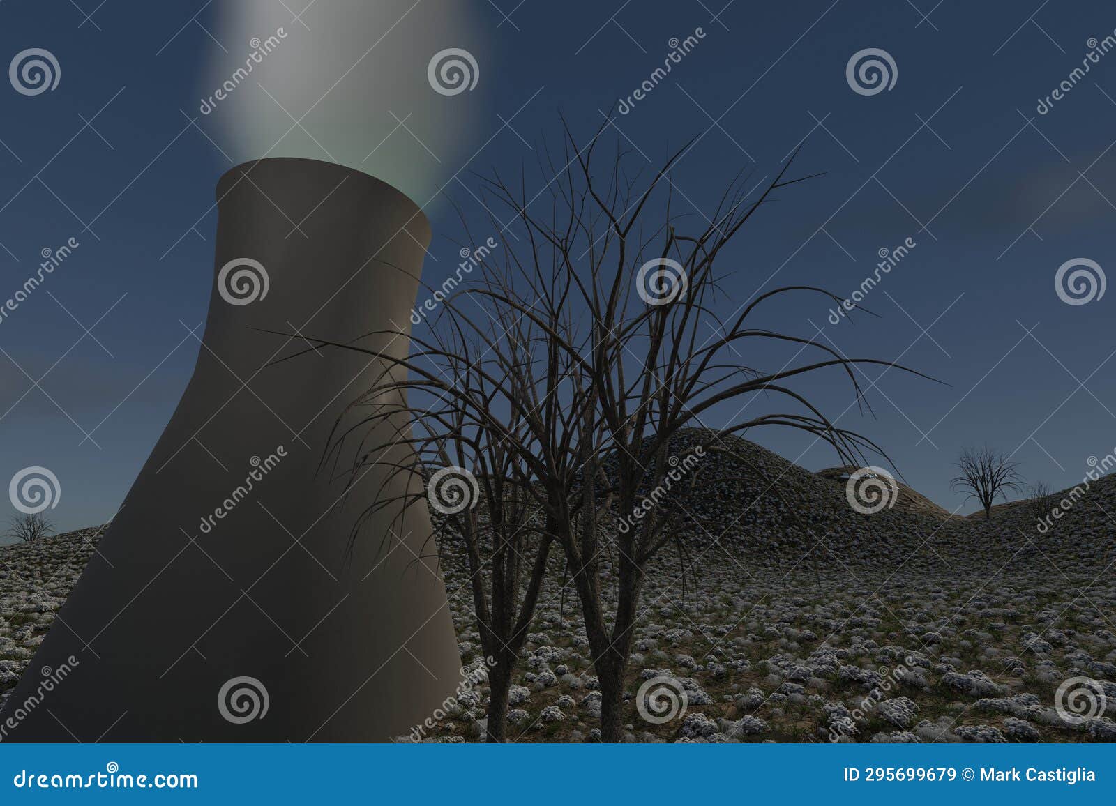 3d Render of Nuclear Cooling Tower with Glowing Steam in Field with ...