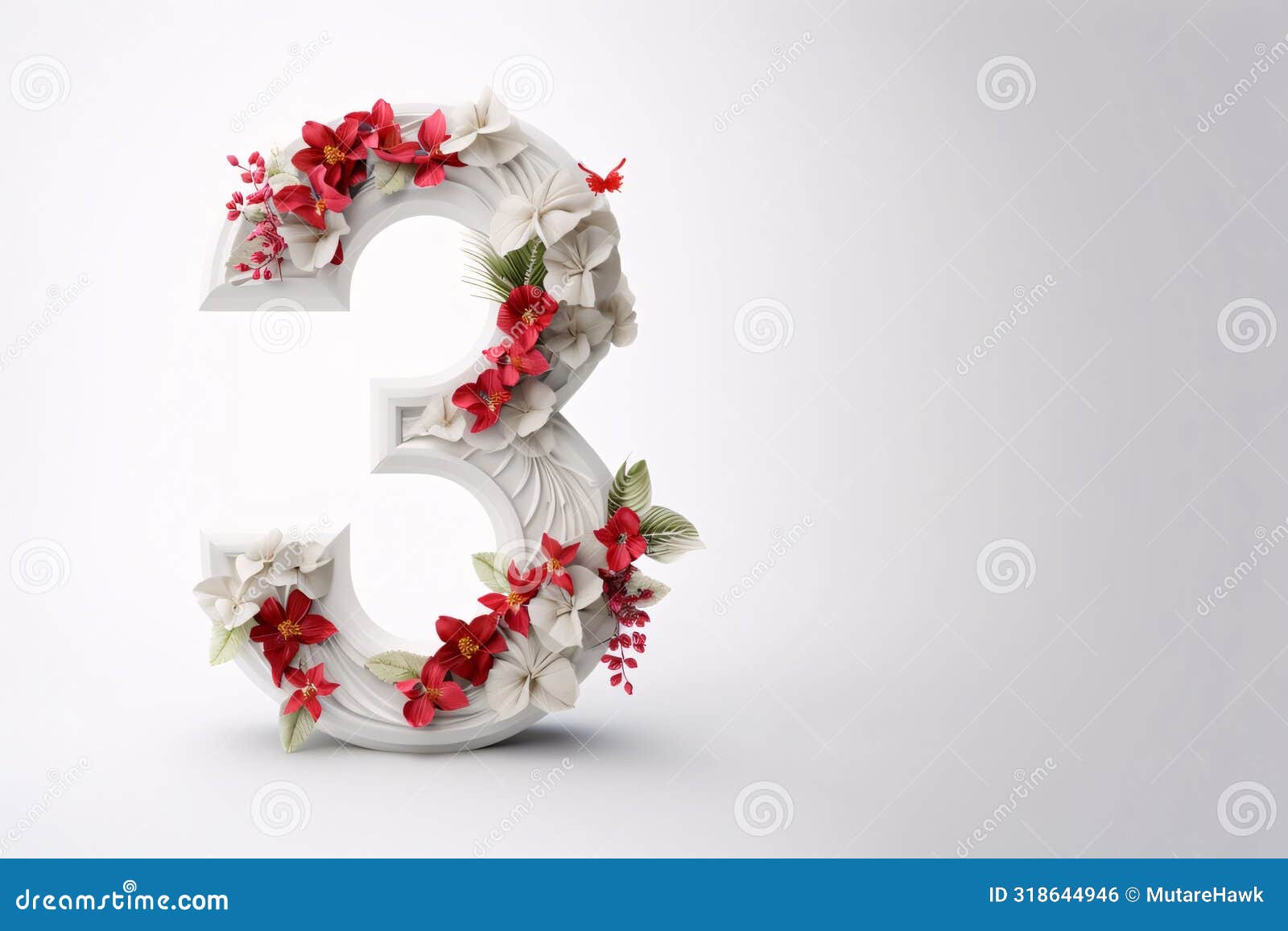 3d Render of Number 3 with Flowers and Leaves on White Background Stock ...
