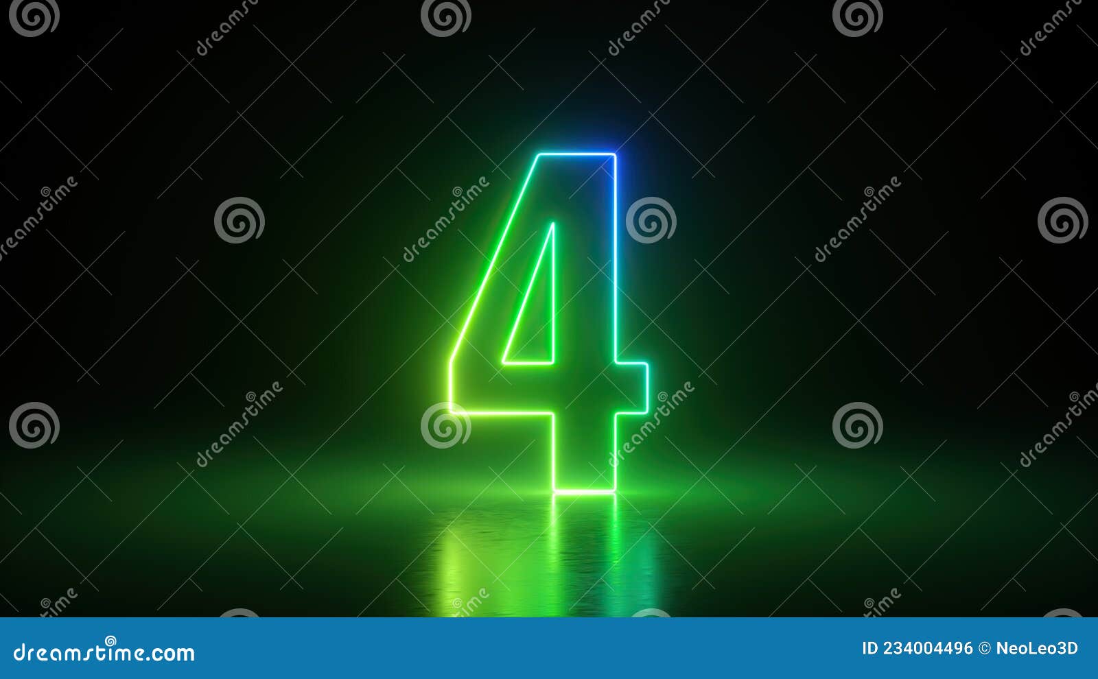 3d Render, Number Four Glowing in the Dark with Green Blue Neon Light ...