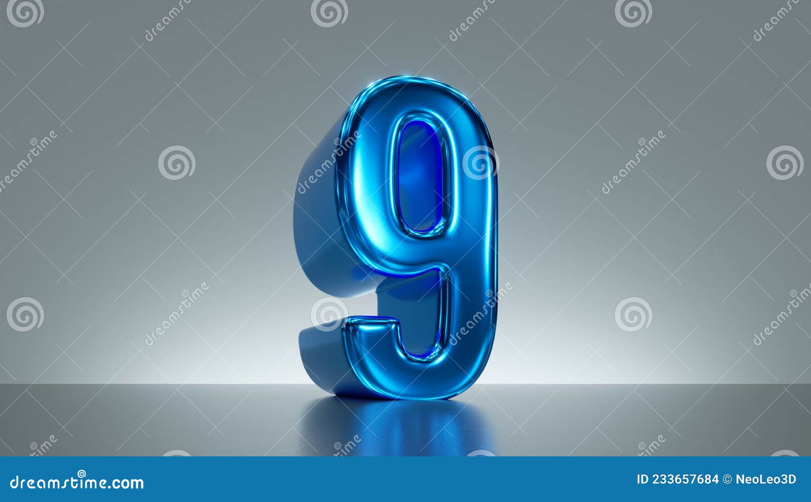 3d Render, Number Nine, Blue Glossy Metallic Symbol Stock Illustration ...