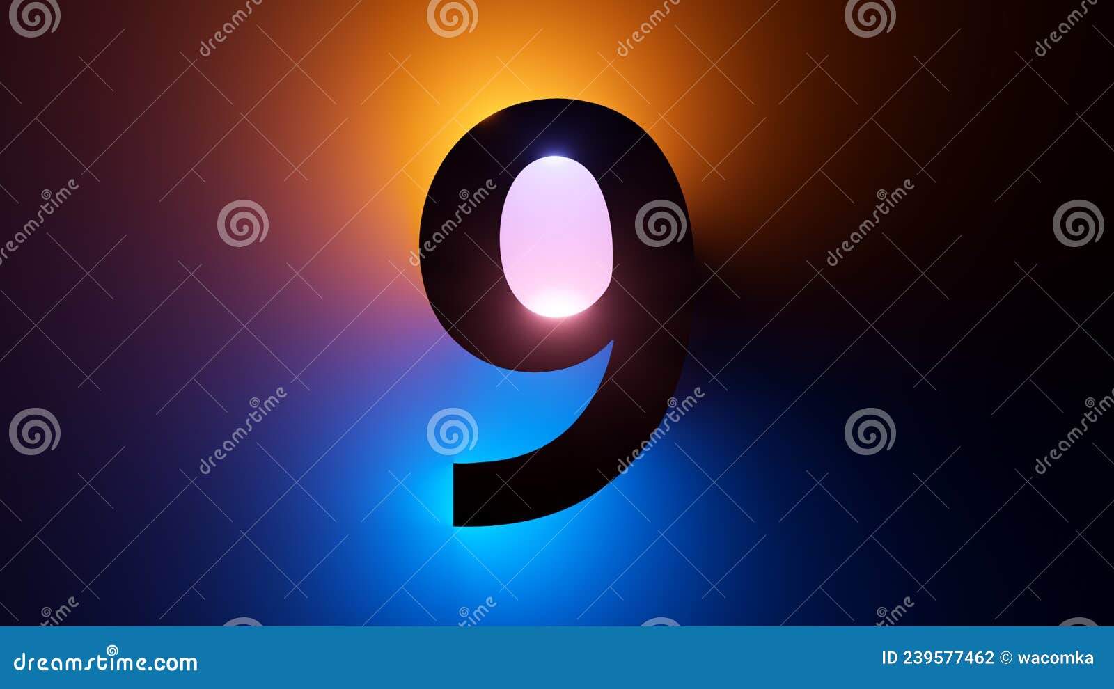 3d Render, Number Nine Silhouette, Digital Math Symbol, Illuminated ...