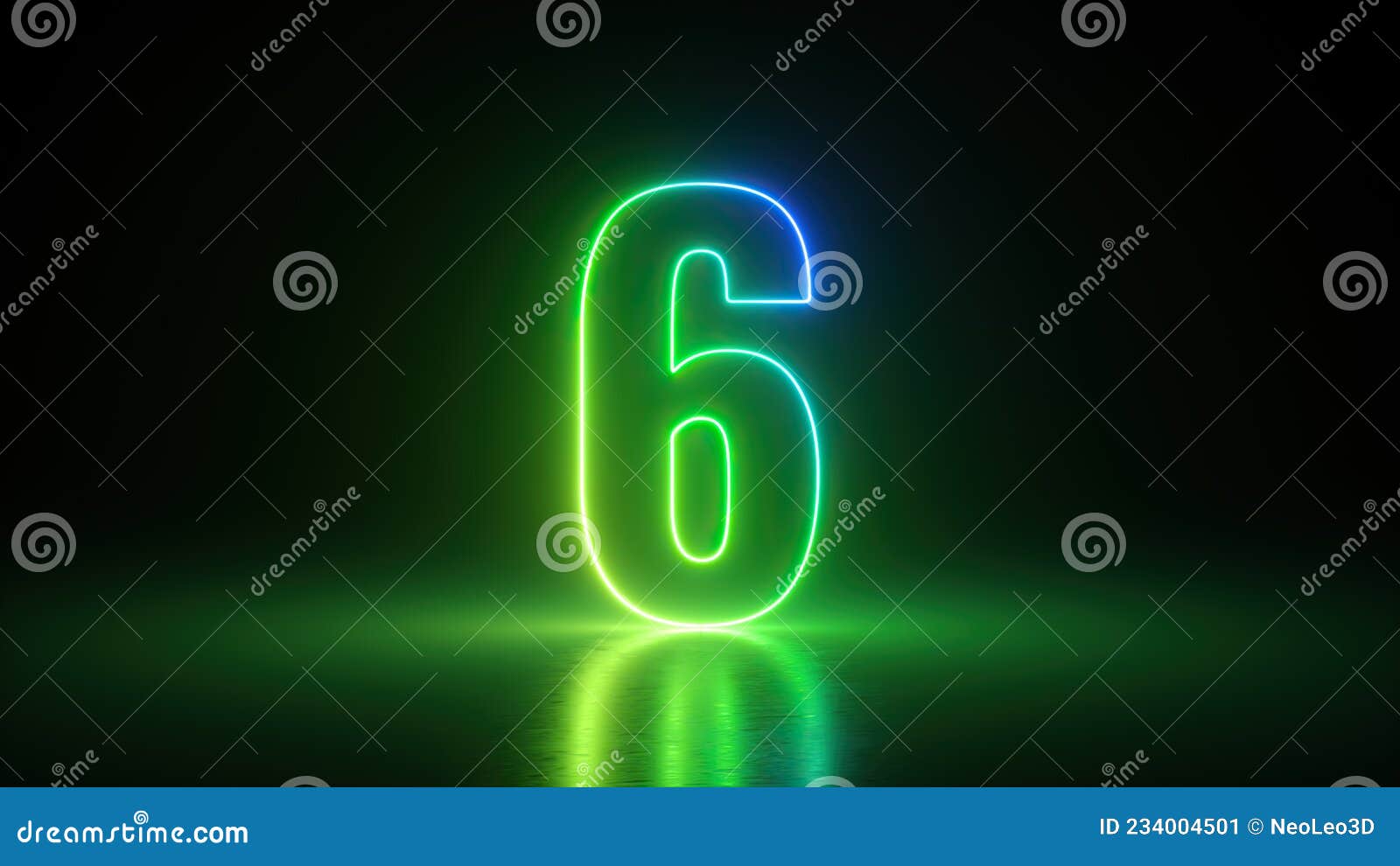 3d Render, Number Six Glowing in the Dark with Green Blue Neon Light ...