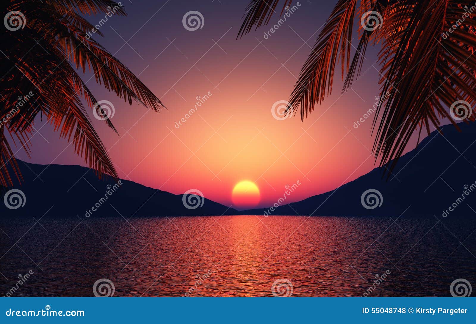 3D Render of an Ocean Against Sunset Sky Stock Illustration ...