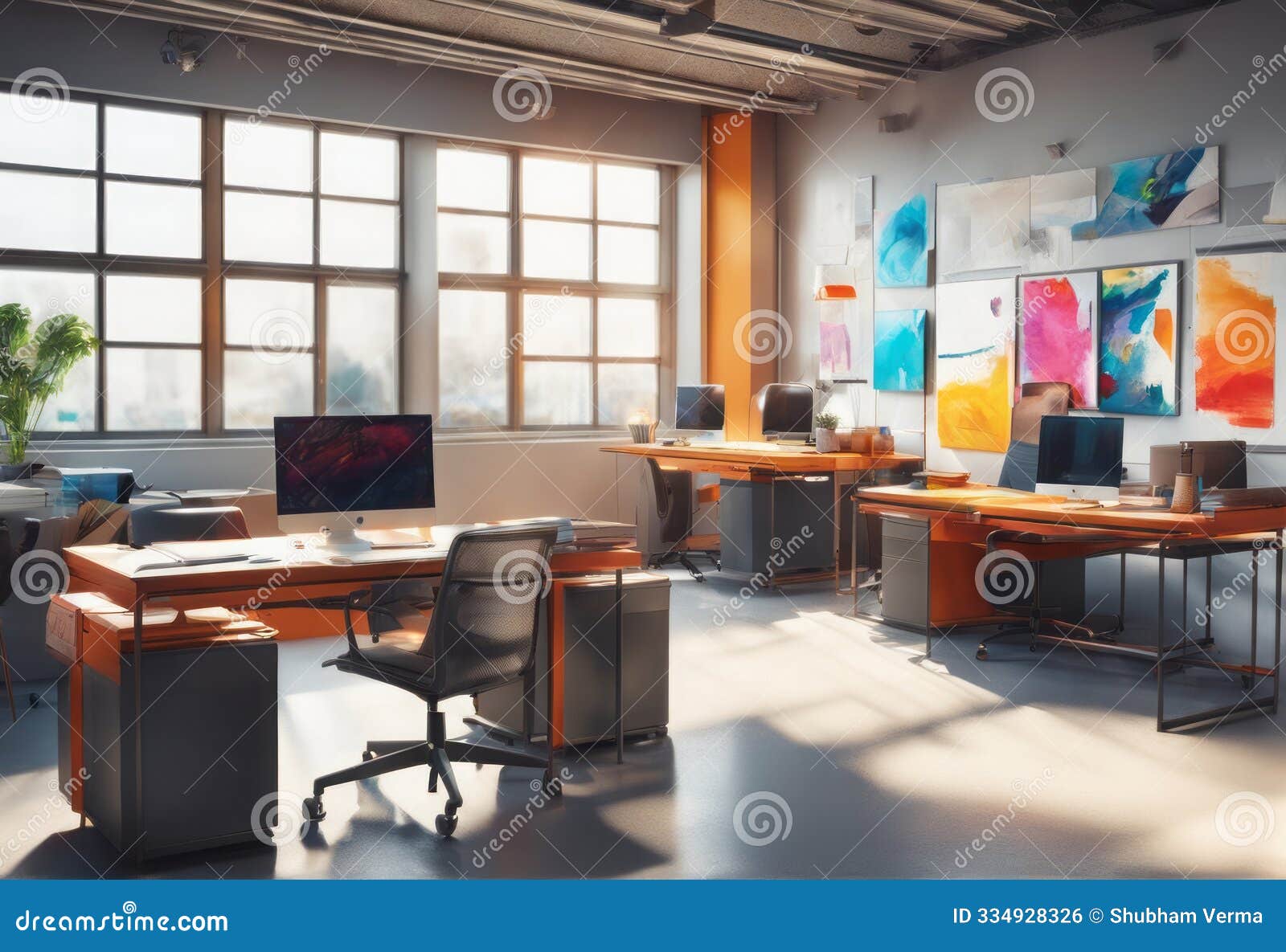 3d Render. Office Interior with Computer, Desk and Window. 3d Render ...