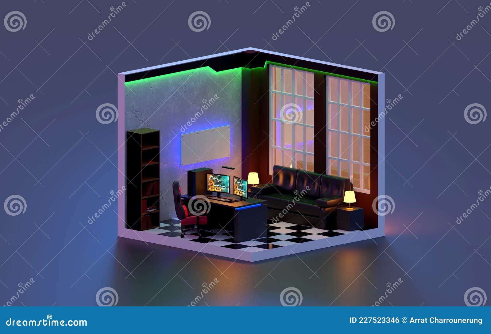 3d Render Office Room Isometric., 3d Illustration Stock Illustration ...