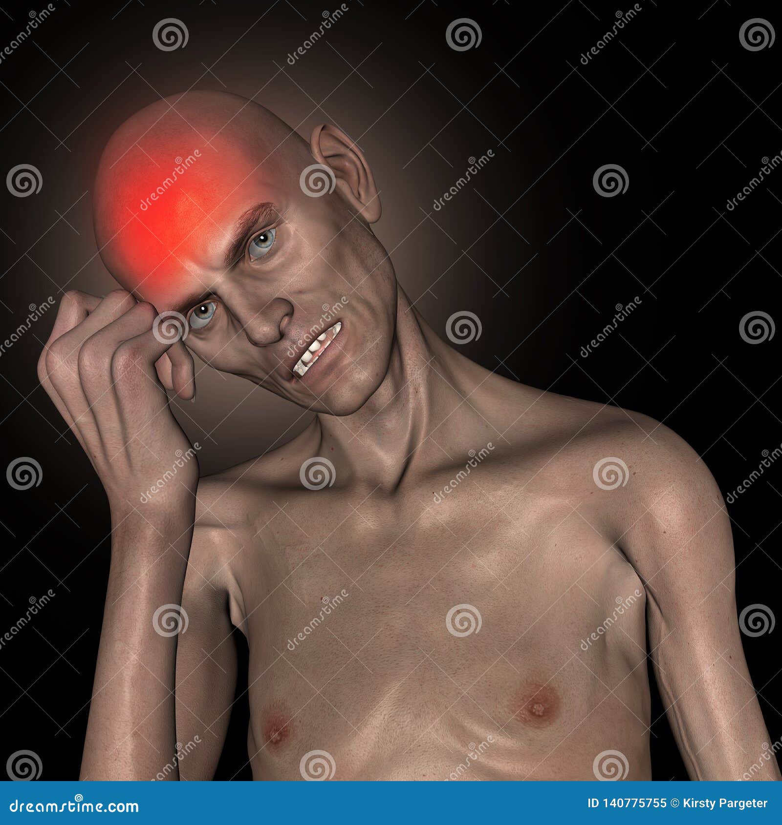 3D Old Thin Man Holding Head in Pain Stock Illustration - Illustration ...