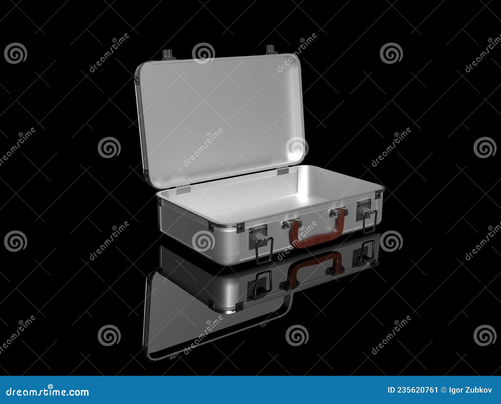 3D Render. Open Aluminum Case on Black Glossy Background Stock ...