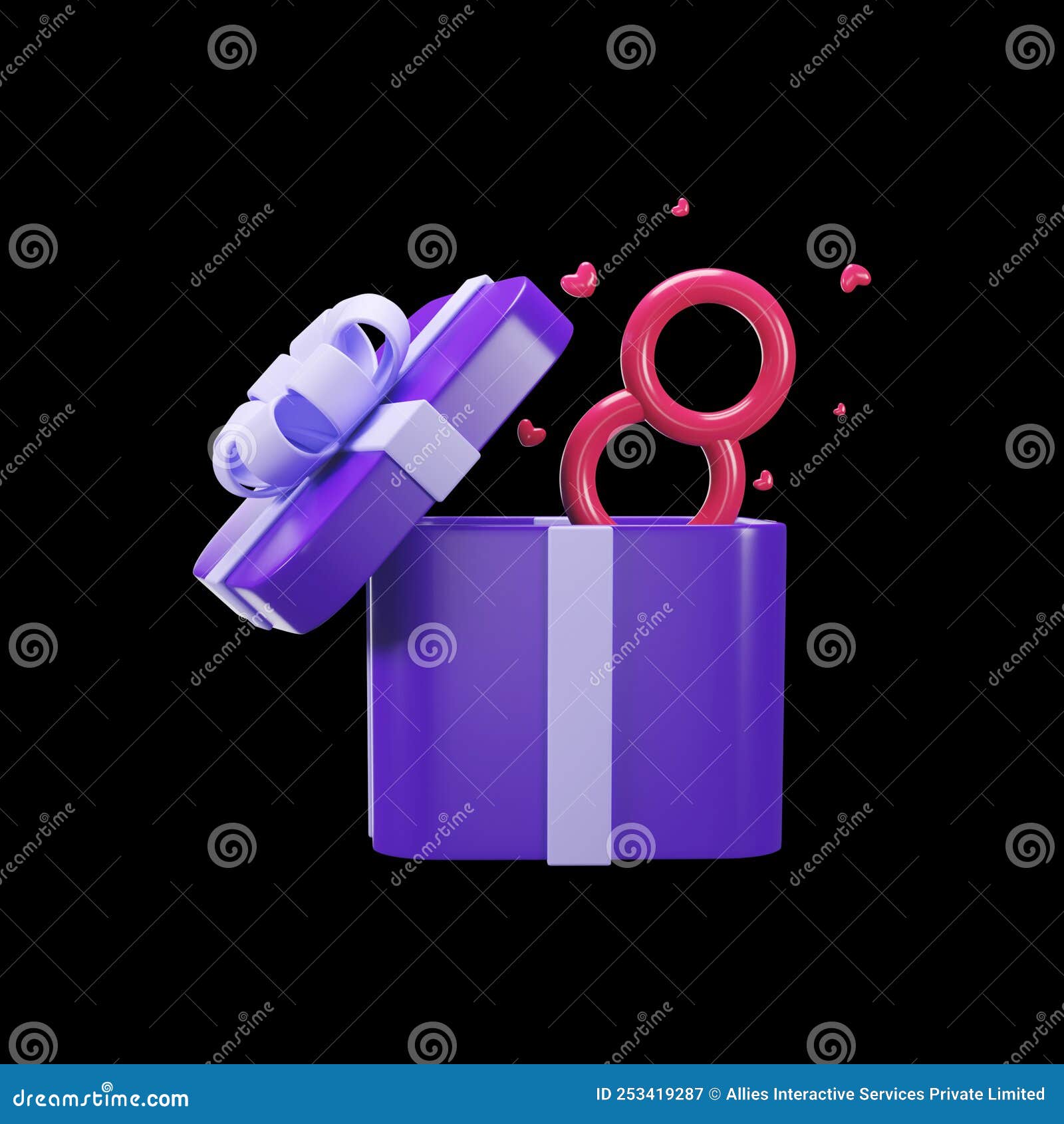 3D Render of Open Gift Box with Eight Number, Tiny Hearts on Black ...