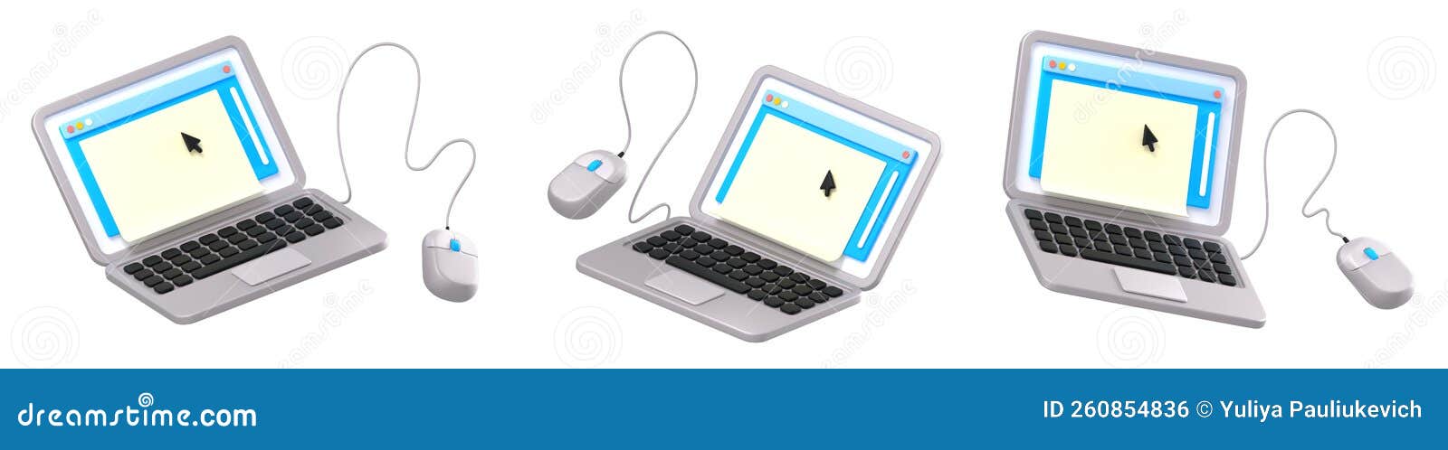 3d Render Open Laptop Fly in Air, Computer, Mouse Stock Illustration ...