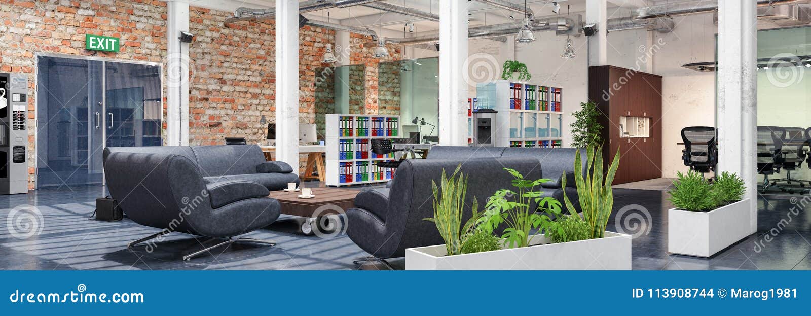 3d Render - Open Plan Office - Office Building Stock Illustration ...