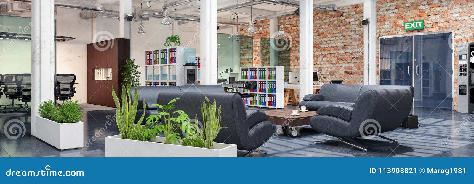 3d Render - Open Plan Office - Office Building Stock Illustration ...