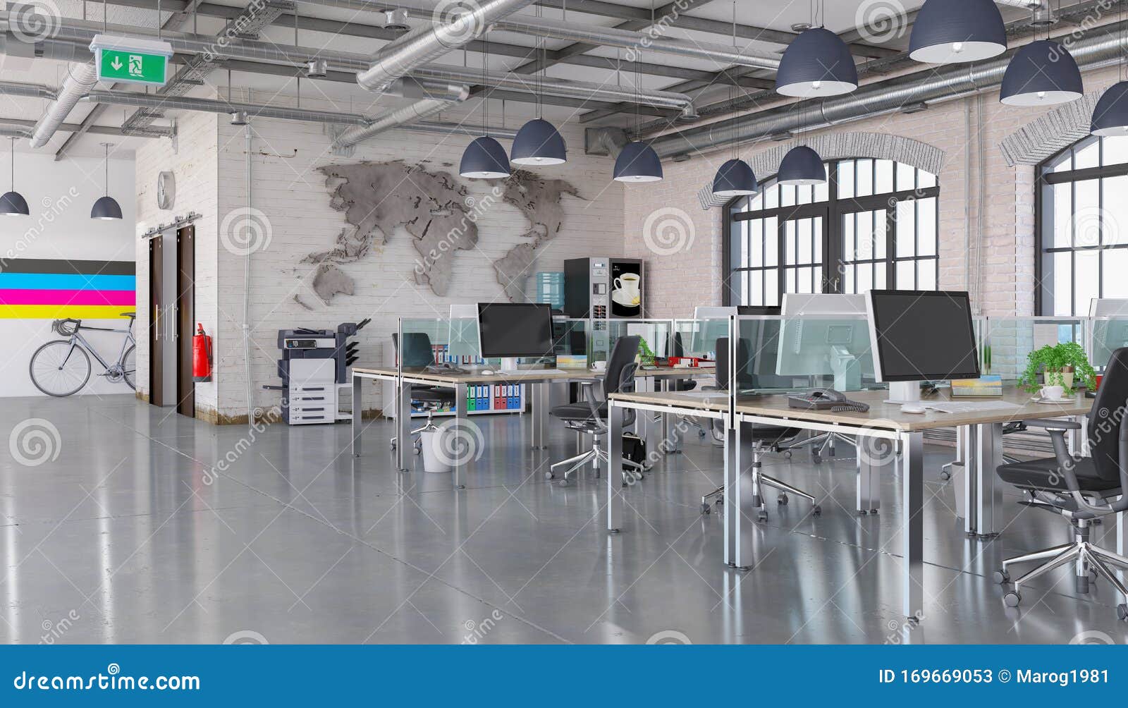 3d Render - Open Plan Office - Office Building Stock Illustration ...