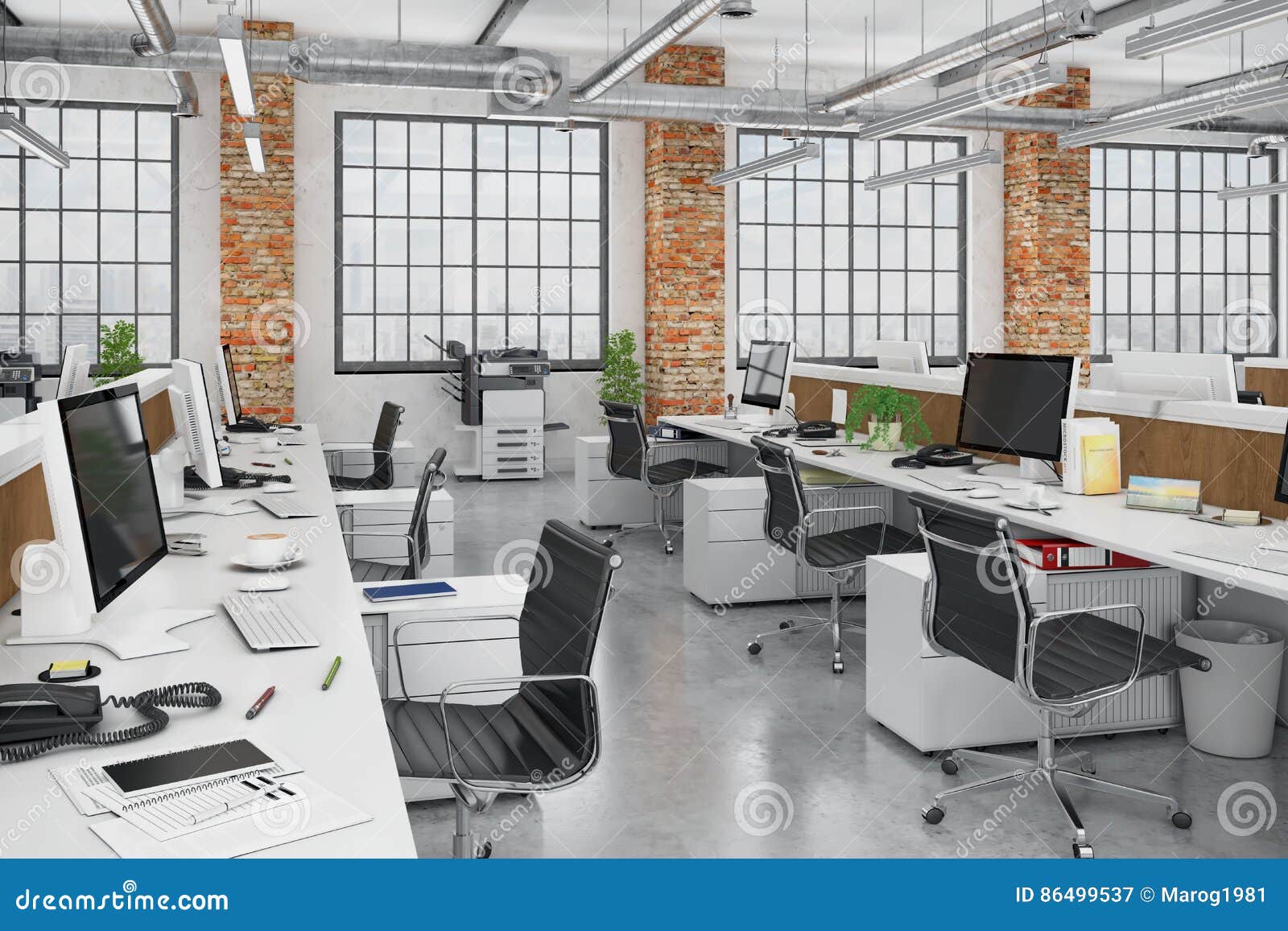 3d Render - Open Plan Office - Office Building Stock Illustration ...