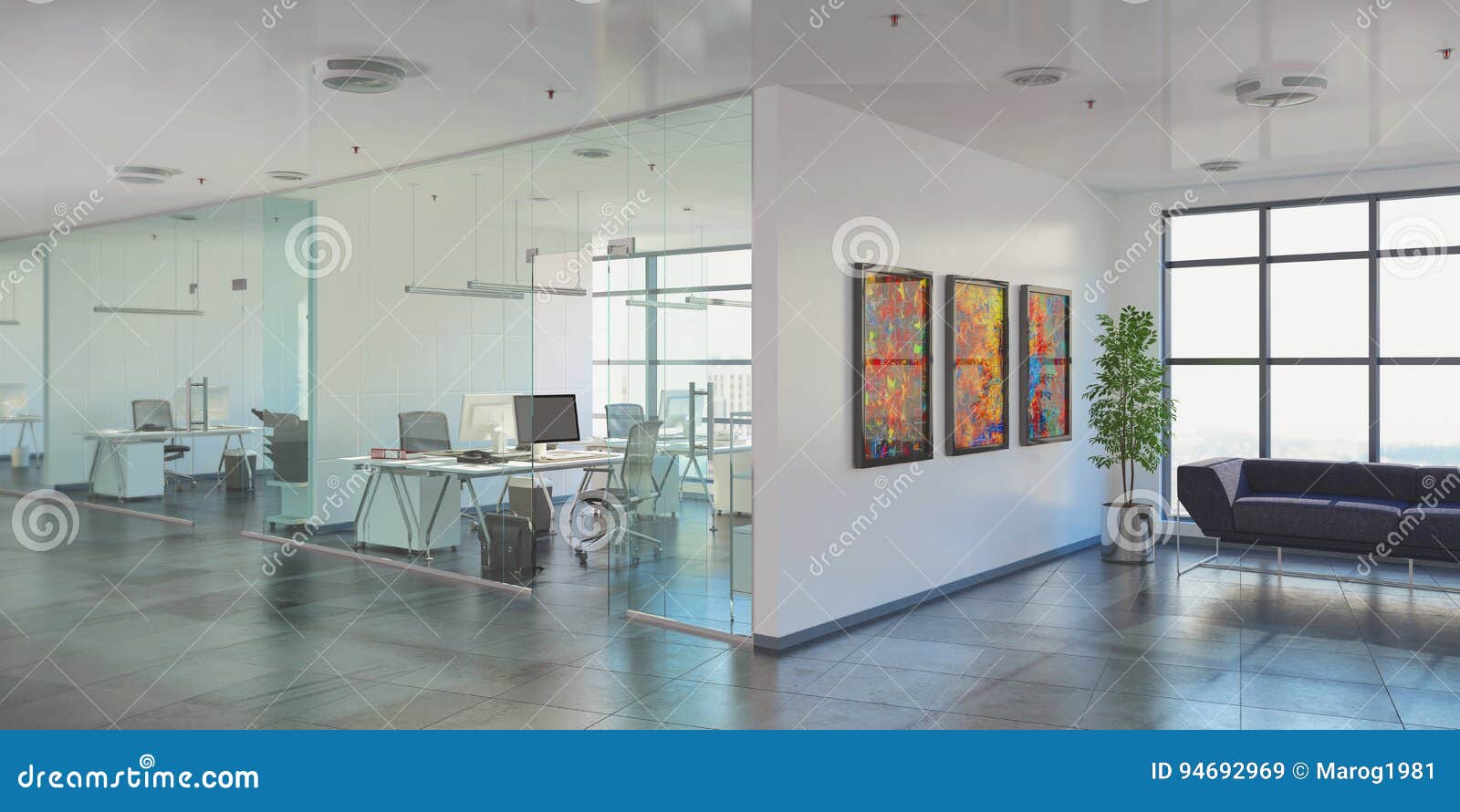 3d Render - Open Plan Office - Office Building Stock Illustration ...