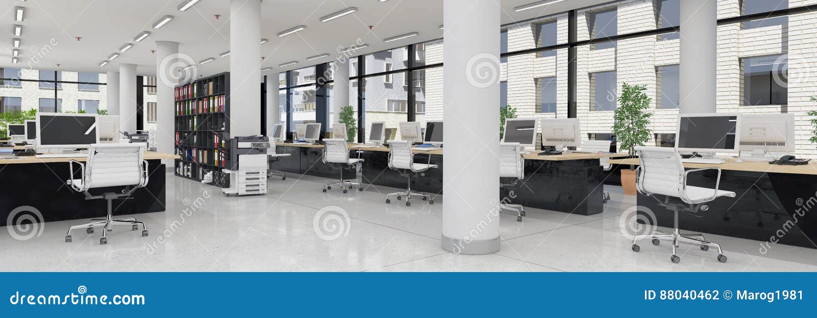 3d Render - Open Plan Office - Office Building - Panorama Stock ...