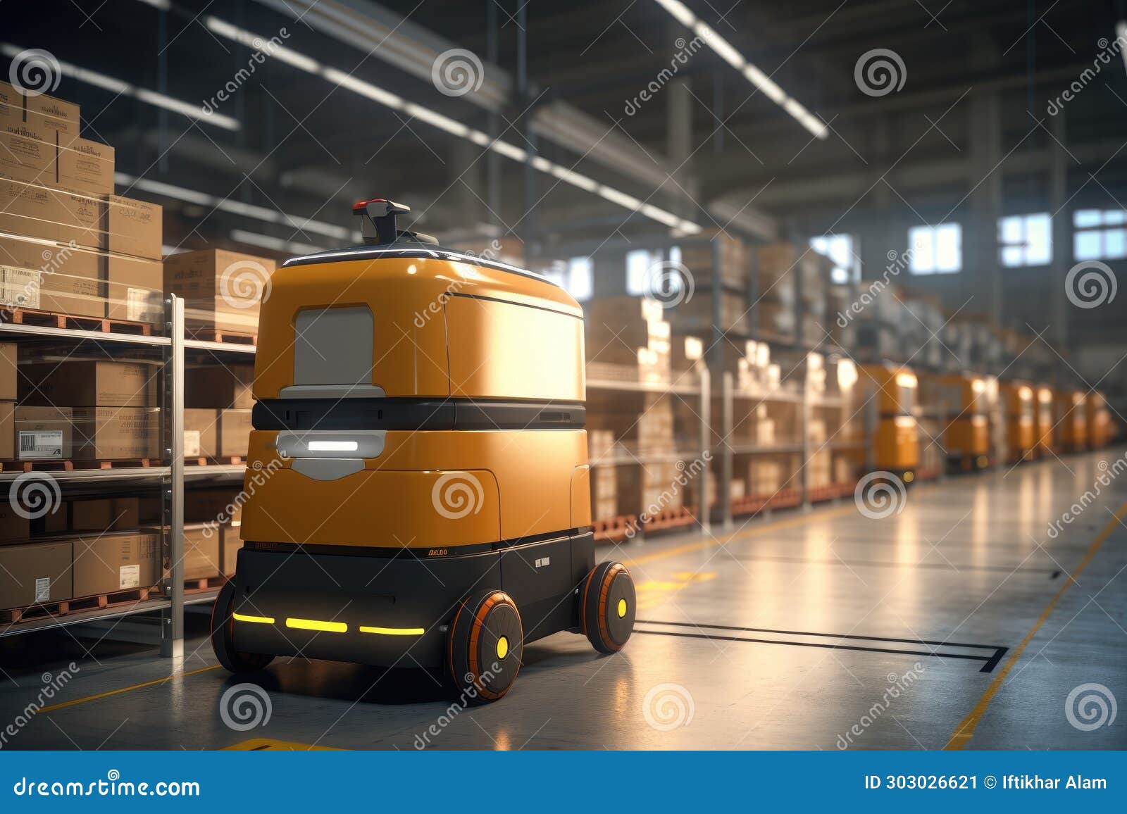 3d Render of Orange Robot in Warehouse. Logistics and Transportation ...