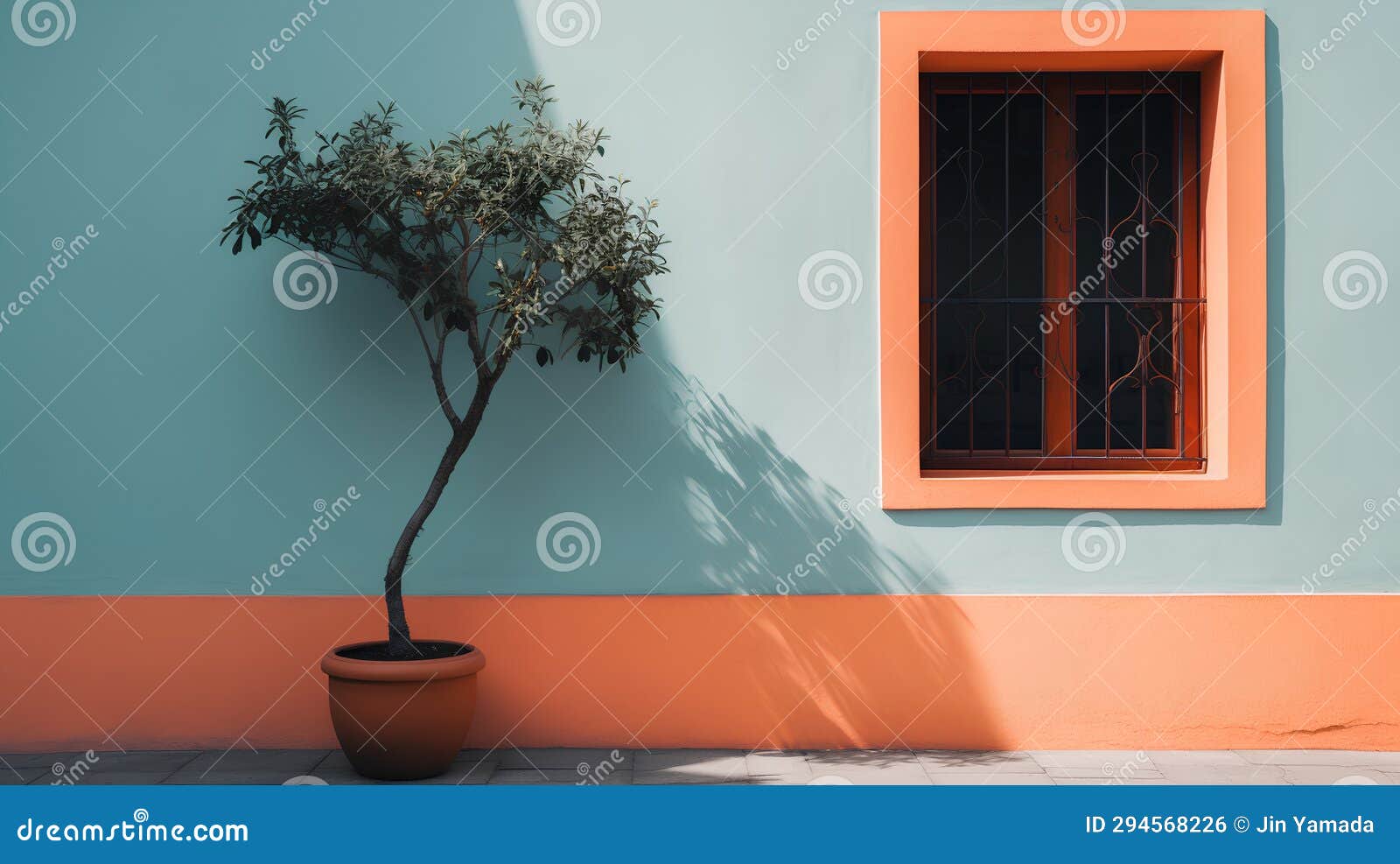 3d Render of an Orange Window and a Tree in a Pot Stock Illustration ...