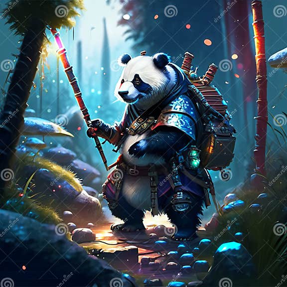 3d Render of Panda Warrior with Sword and Shield in Fantasy Forest ...