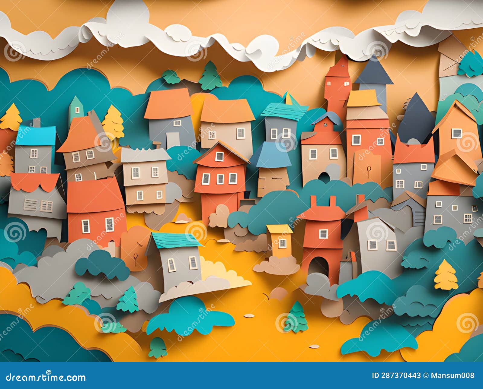 3d Render of Paper Cut Houses with Trees and Mountains, Ai Generated ...