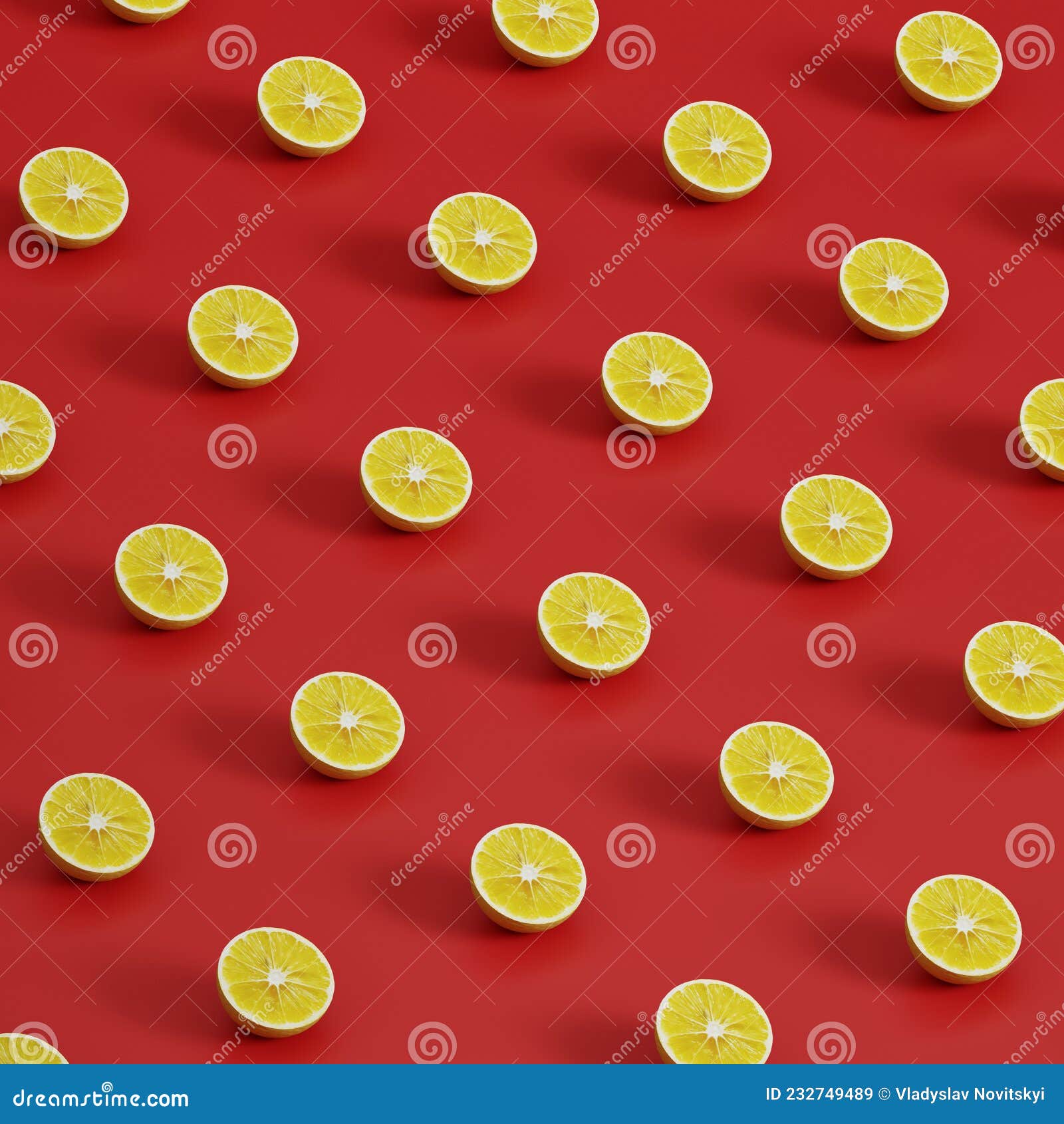 3D Render, Pattern of Lemon Halves on a Red Background. Minimum Food ...