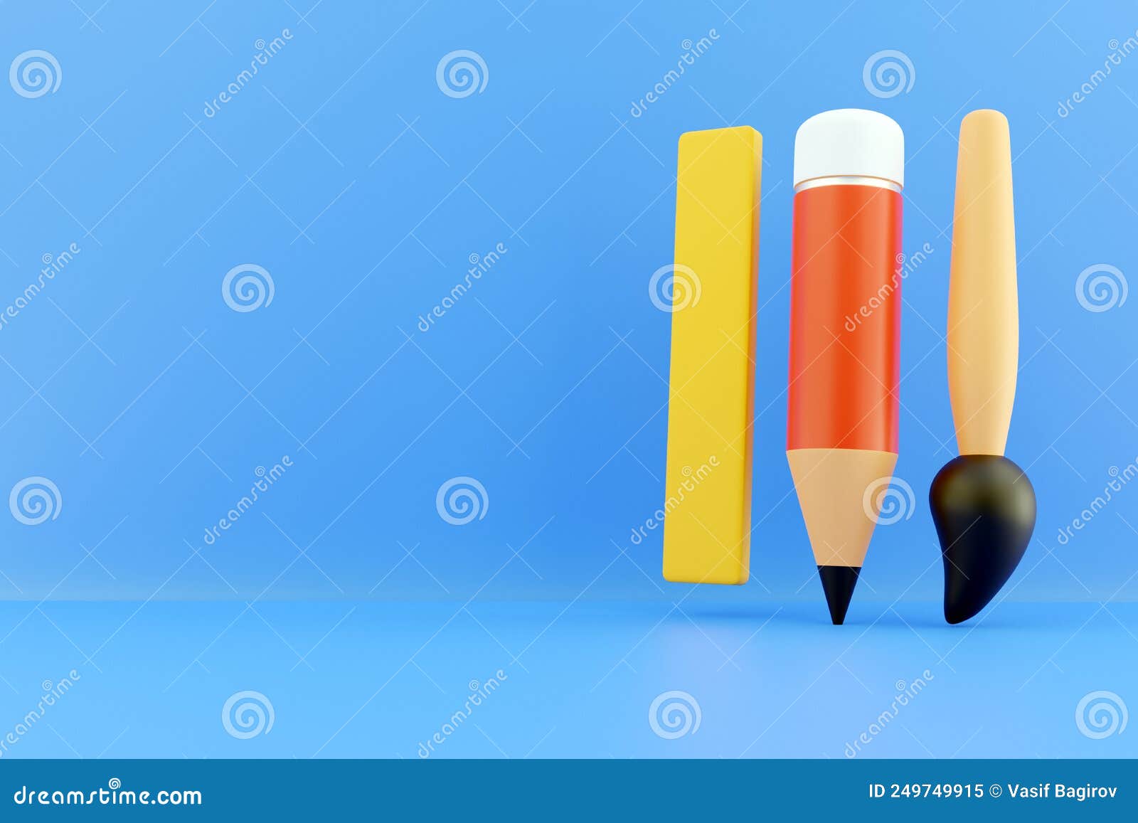 3d Render Pencil Ruler and Brush. 3d Rendering Ruler Brush and Pencil ...