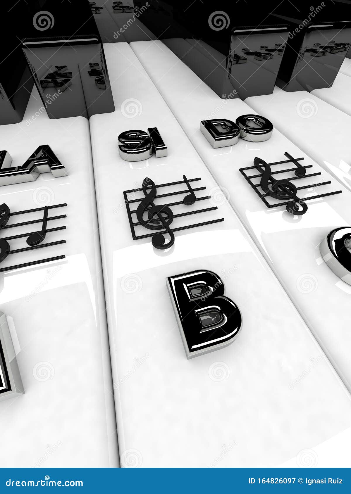 3D Render, Piano Keys with Treble Clef Notes . Musical Background Stock ...