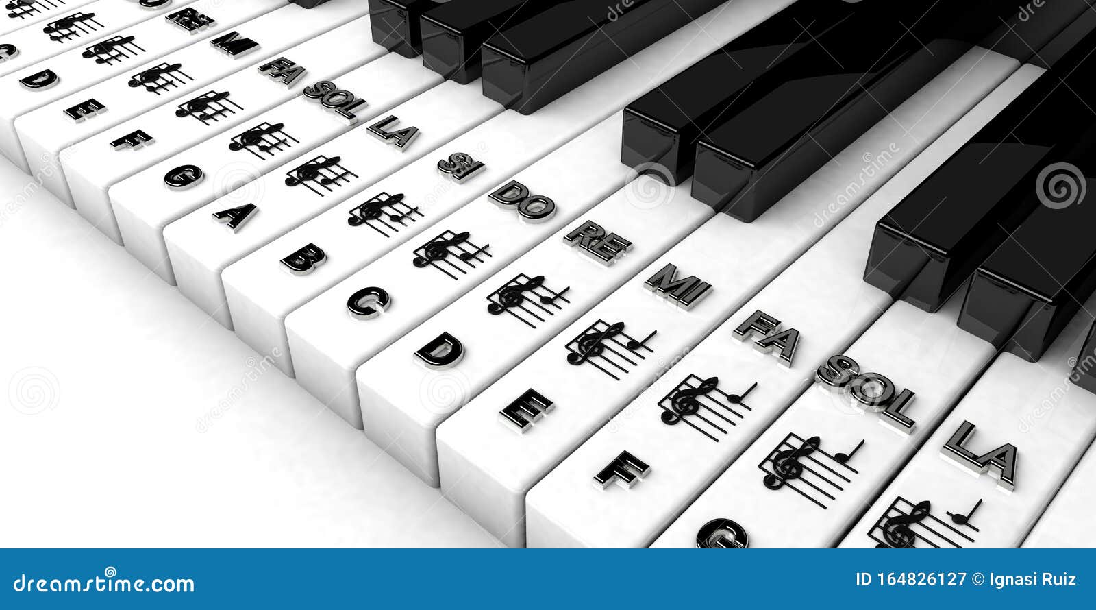 3D Render, Piano Keys with Treble Clef Notes . Musical Background Stock ...