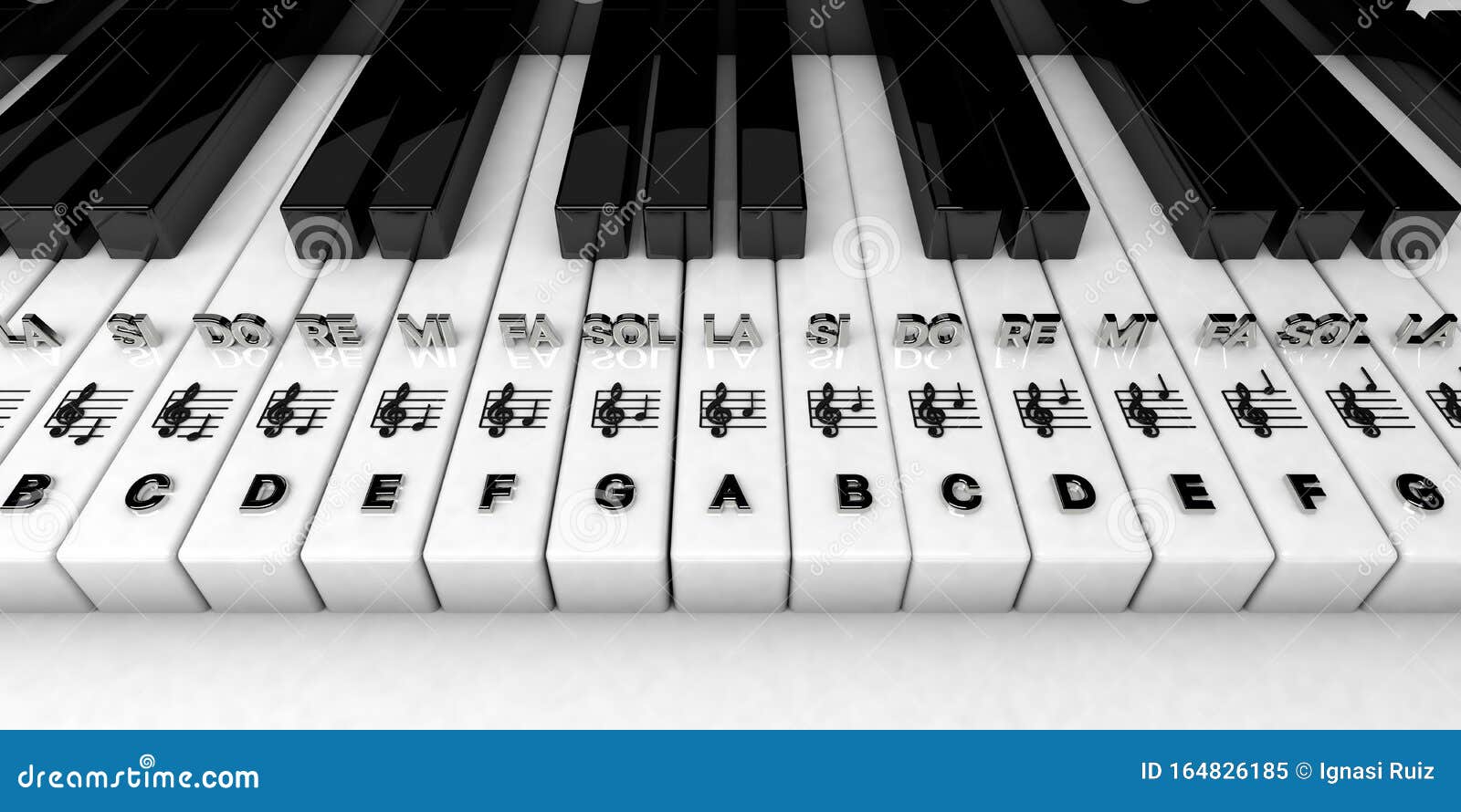 3D Render, Piano Keys with Treble Clef Notes . Musical Background Stock ...