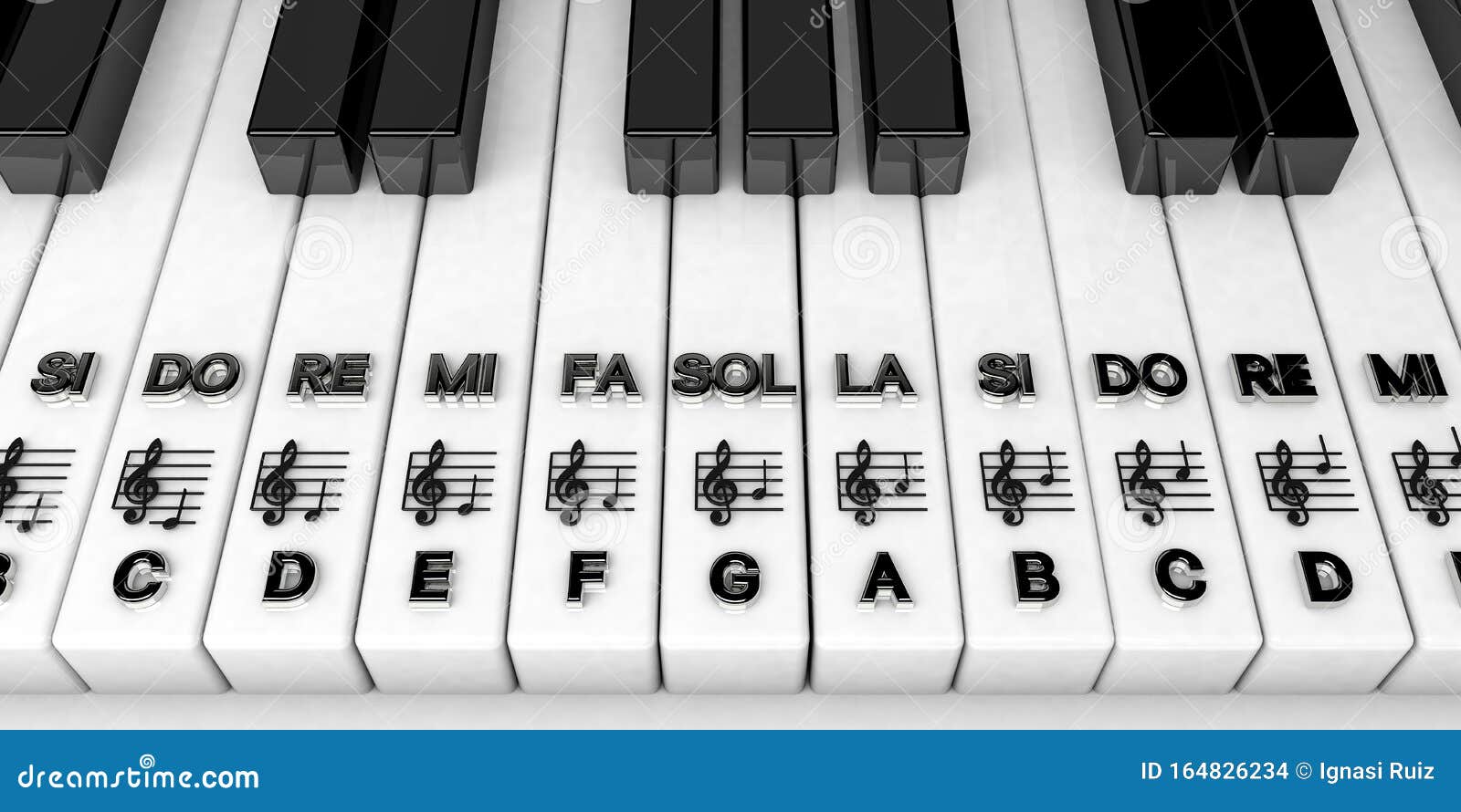 3D Render, Piano Keys with Treble Clef Notes . Musical Background Stock ...