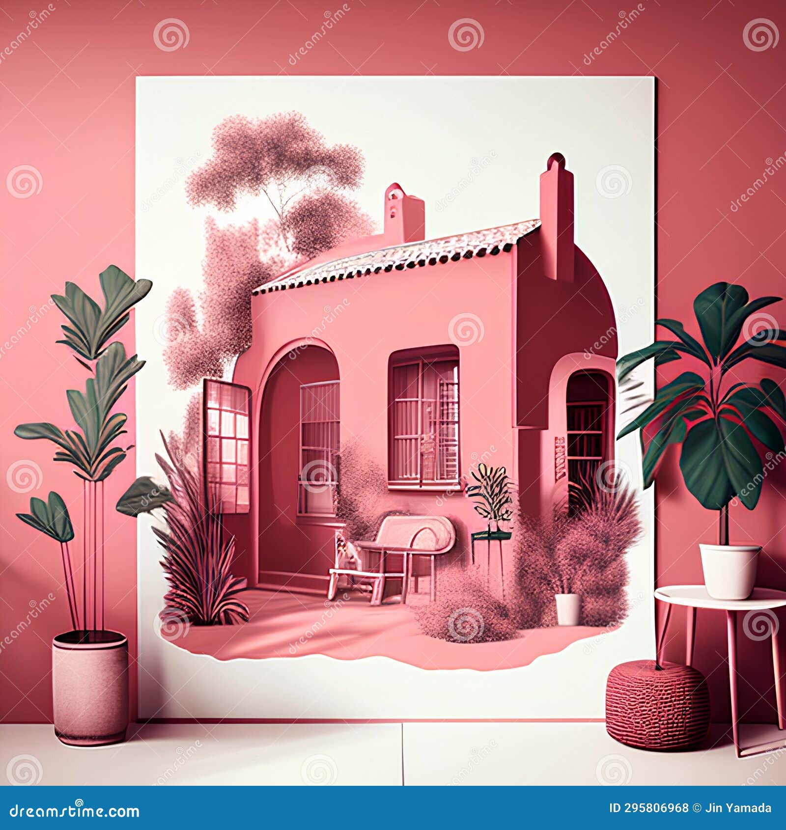 3d Render of Pink House with Terrace and Plants on the Wall Stock ...