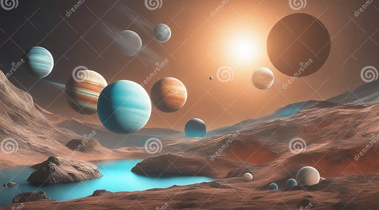 3d Render of Planets in the Desert. Space Exploration Concept Stock ...