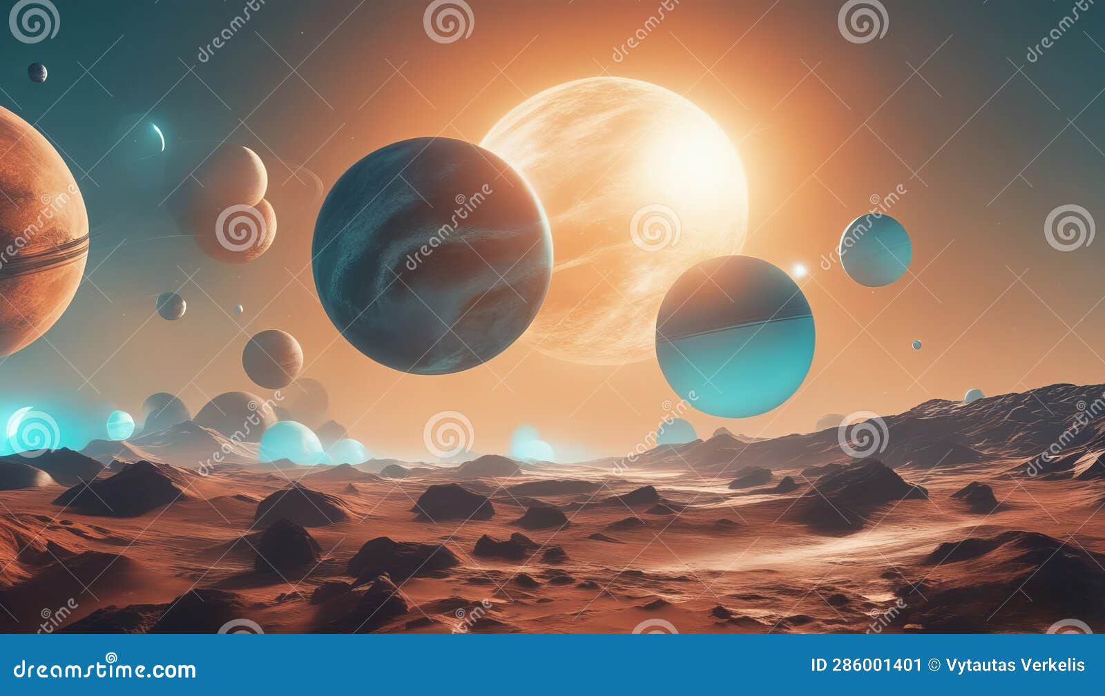 3d Render of Planets in the Desert. Space Exploration Concept Stock ...