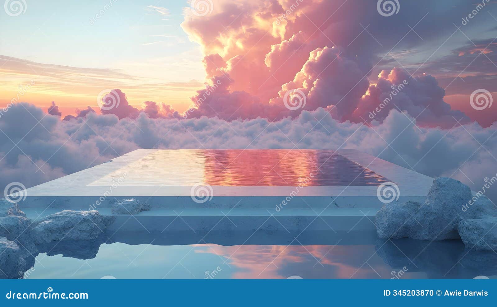 3D Render of a Pool Above the Clouds at Sunset Stock Illustration ...
