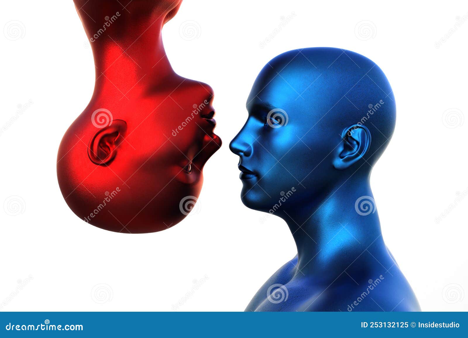 3d Render. Portrait of a Blue Bald Man and a Red Bald Woman Upside Down ...