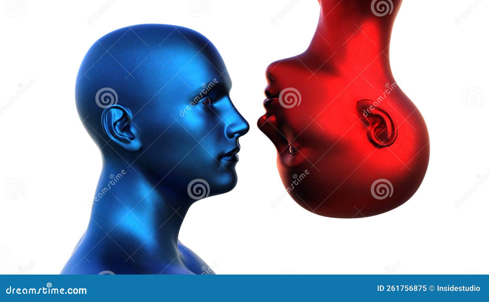 3d Render. Portrait of a Blue Bald Man and a Red Bald Woman Upside Down ...