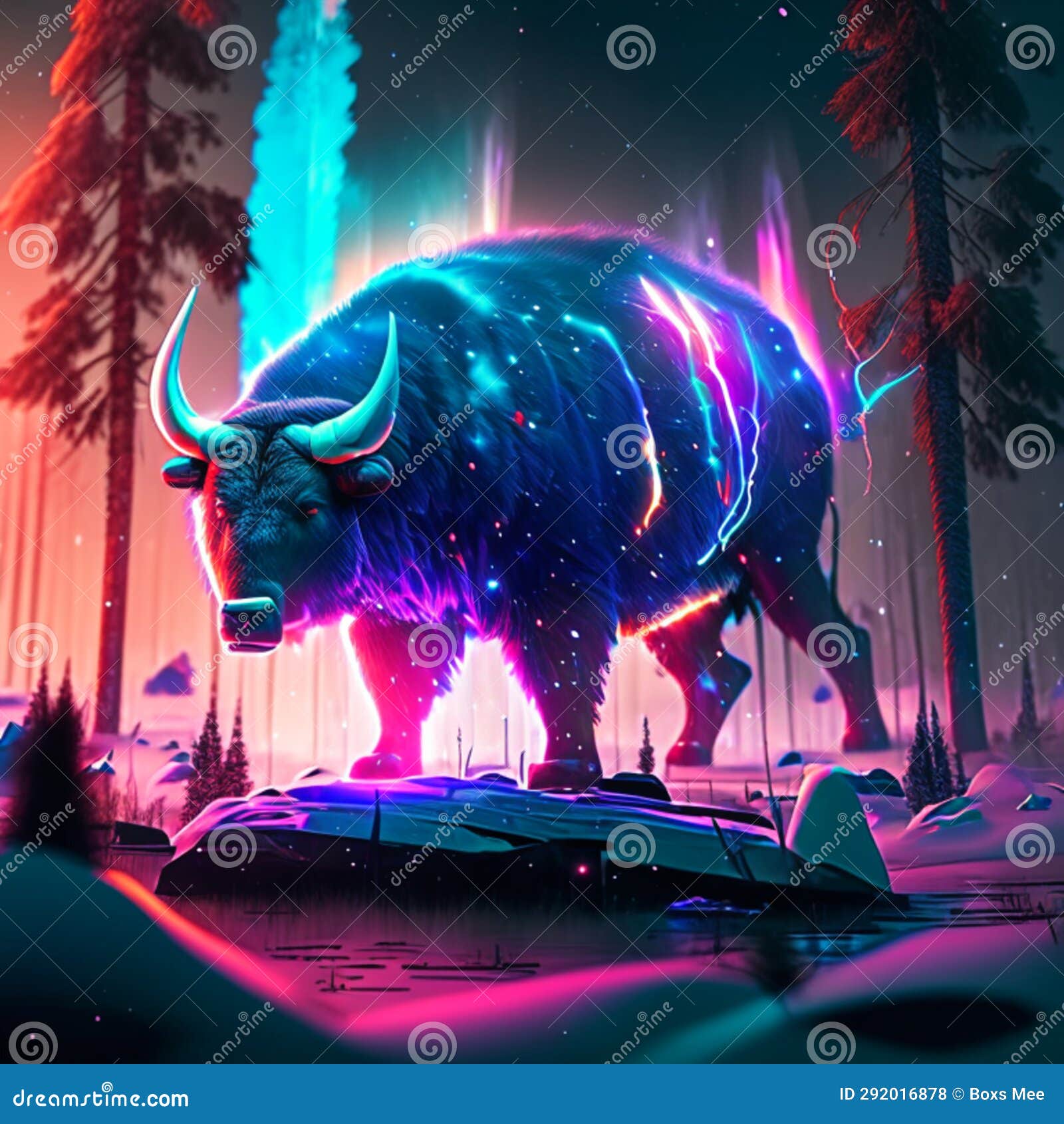 3d Render of a Powerful Bison on the Background of the Night Landscape ...