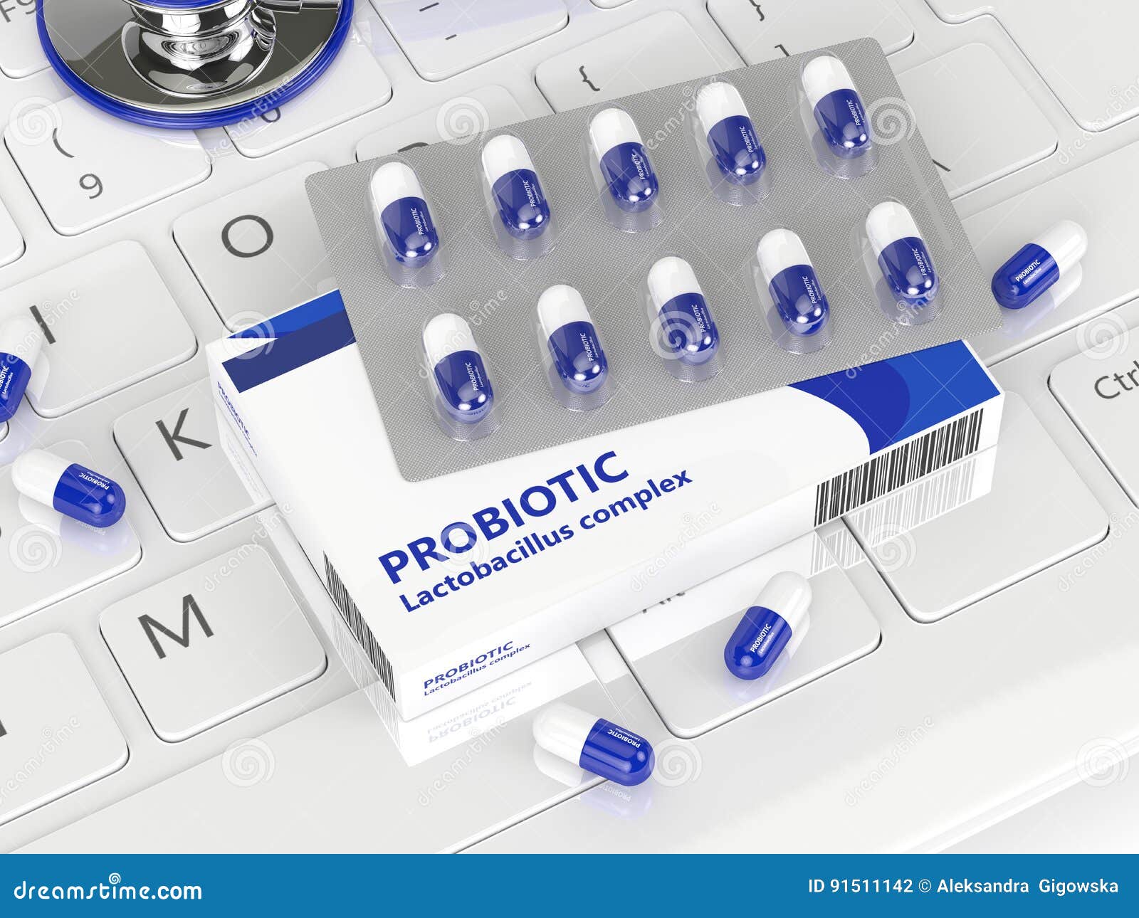 3d Render of Probiotic Pills with Stethoscope Stock Illustration ...