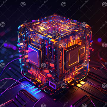3D Render of Quantum Computer Light Up with Neon Vires Stock ...