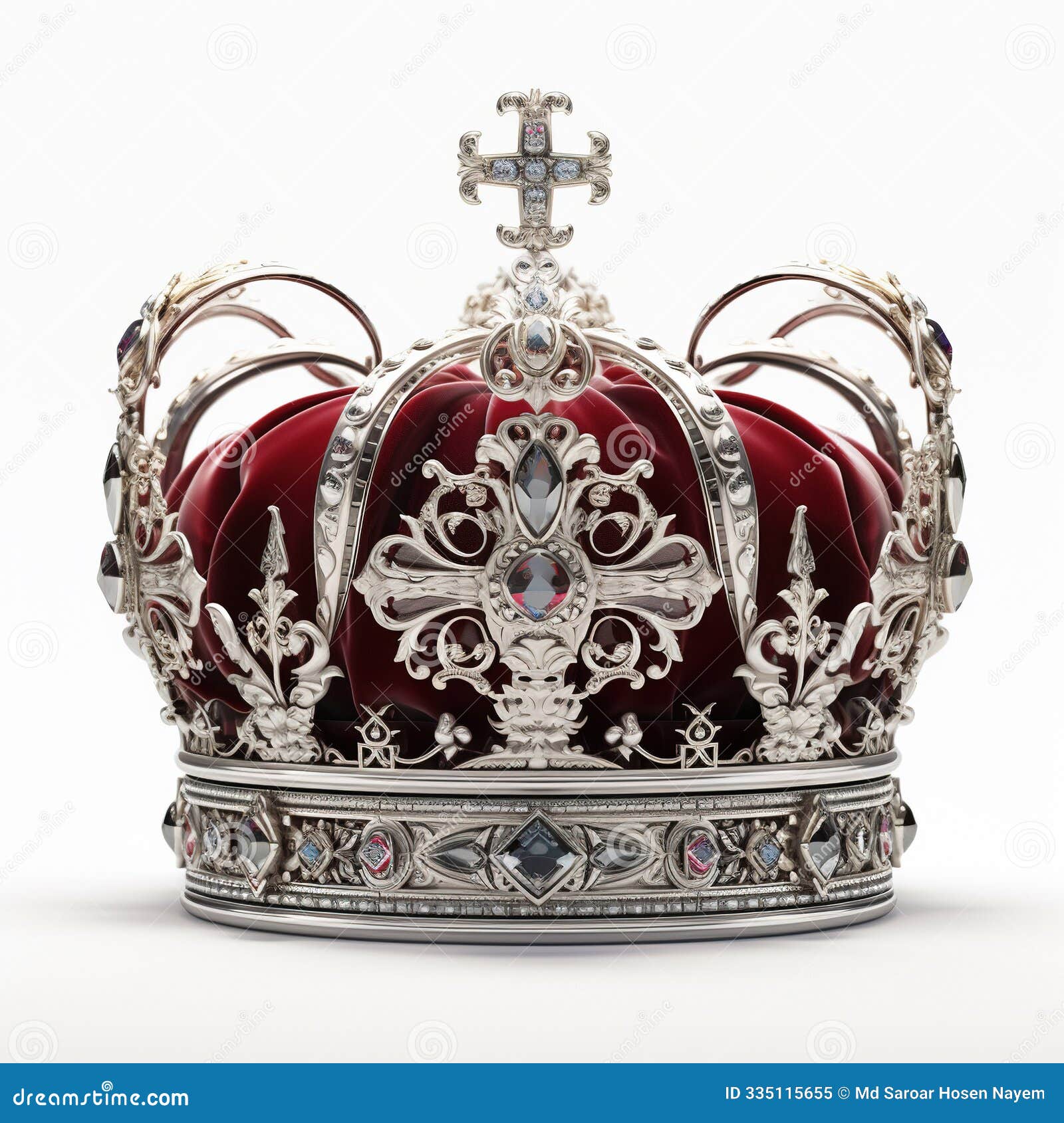 3D Render Realistic King Crown, Red Silver Metallic King Crown in White ...
