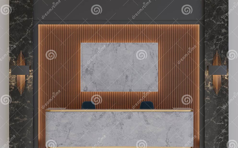 3D Render Receptionist Backdrop Black Marble and Wood Material with ...