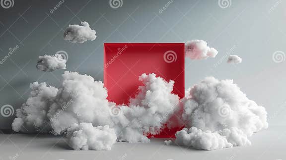 3D Render of Red Rectangle Mockup with White Clouds Floating in ...